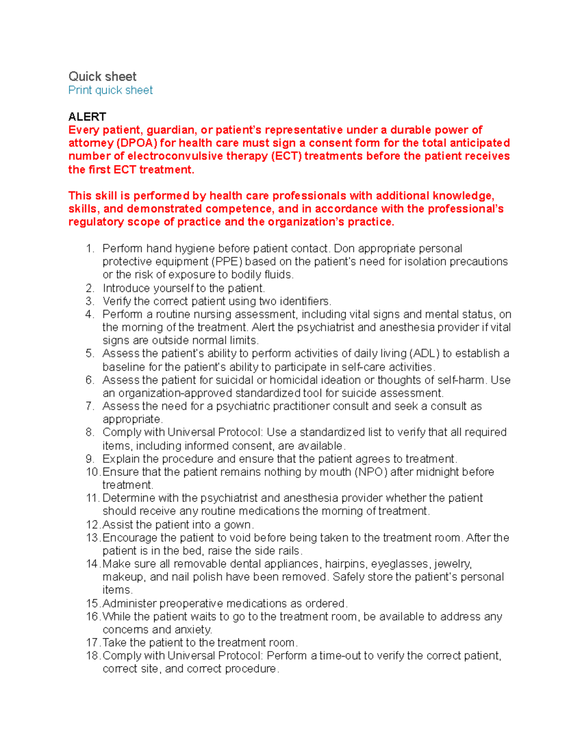 Quick sheet ECT - ECT Slide for mental health - Quick sheet Print quick ...