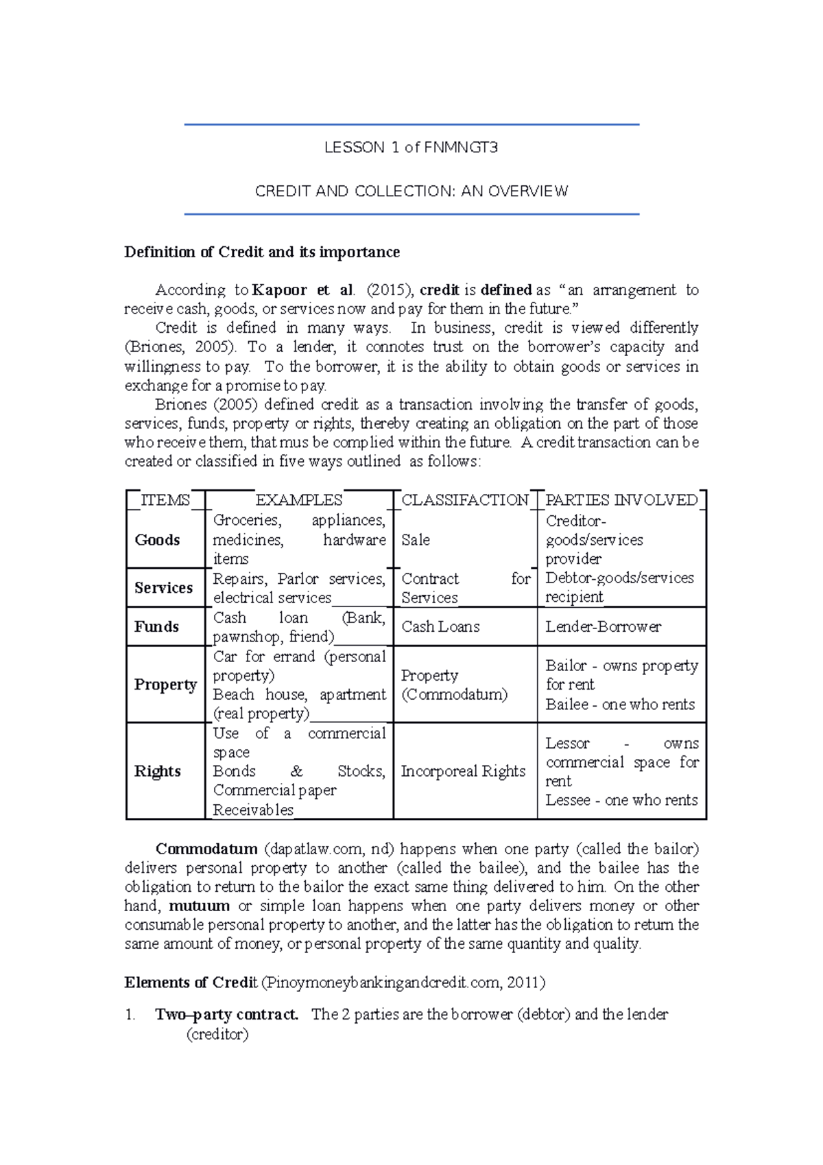 Lesson 1 of Fnmngt 3 ( Credit AND Collection) - LESSON 1 of FNMNGT ...