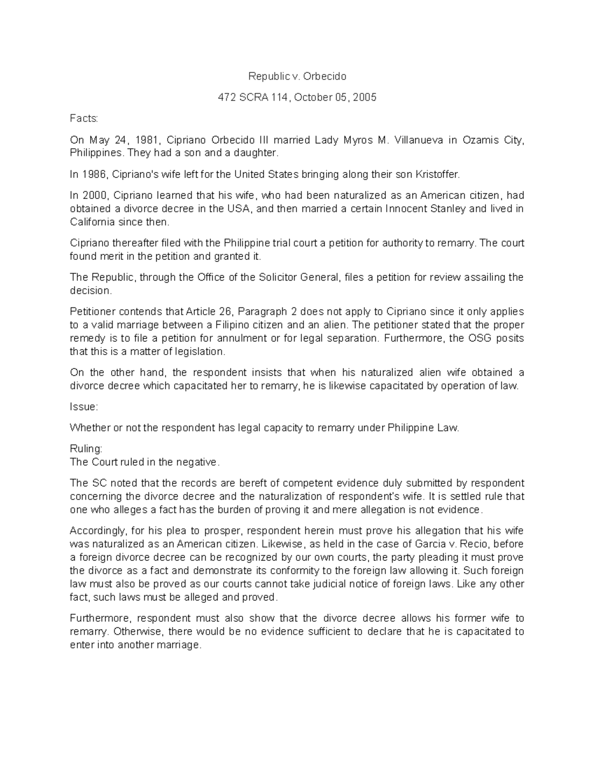 Republic v. orbecido - Digest - Republic v. Orbecido 472 SCRA 114 ...