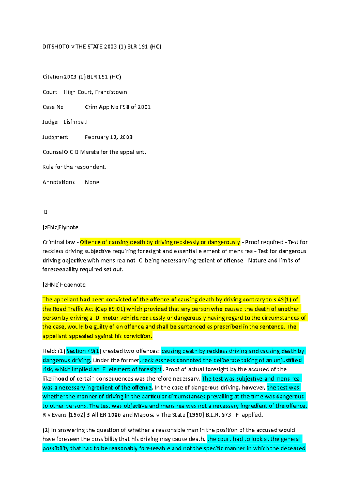 Ditshoto v THE State 2003 - DITSHOTO v THE STATE 2003 (1) BLR 191 (HC ...