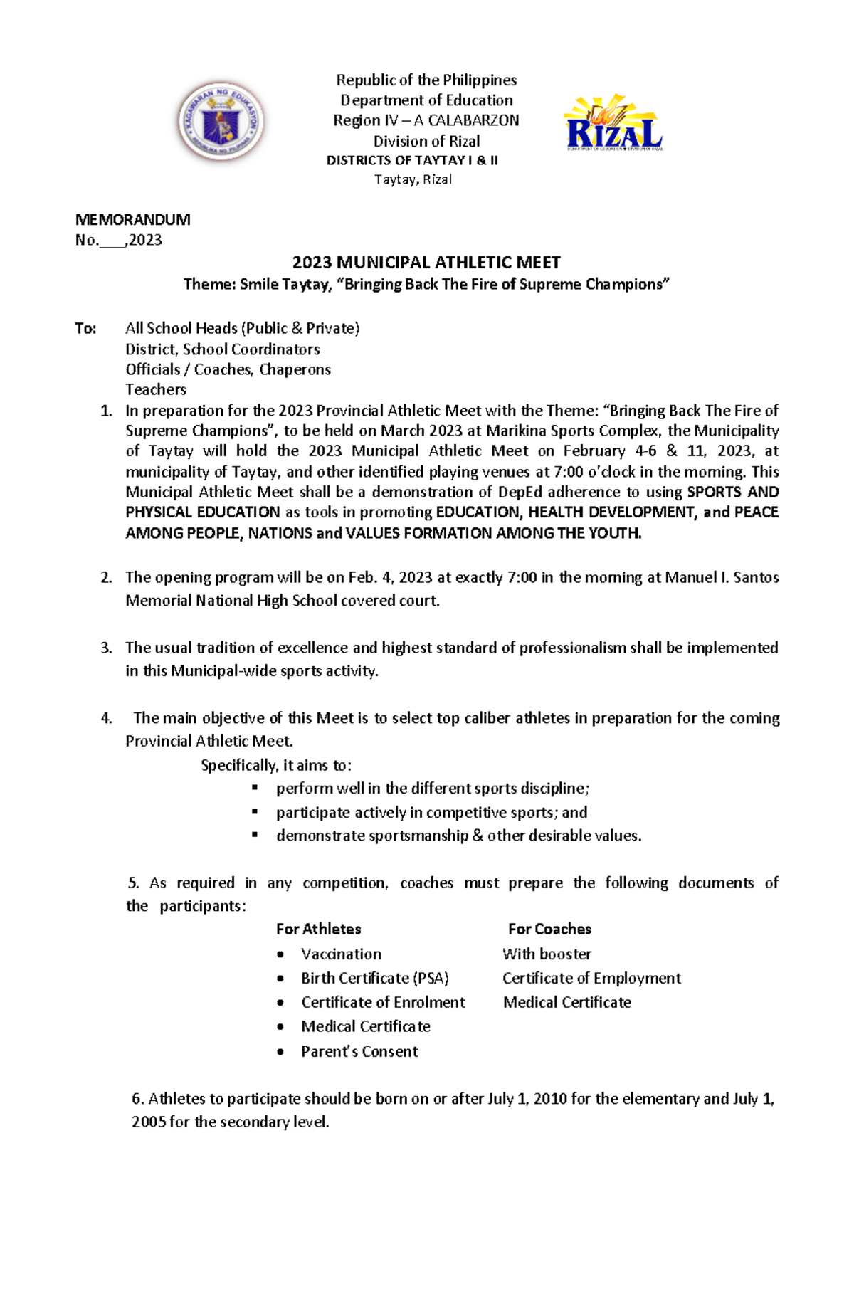 Municipal athletic Meet 2023 - Republic of the Philippines Department ...