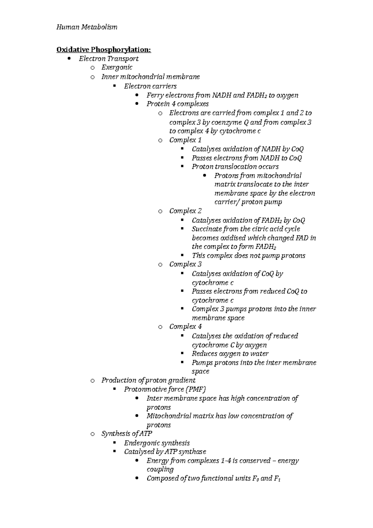Oxidative Phosphorylation Lecture Notes - Human Metabolism Oxidative ...