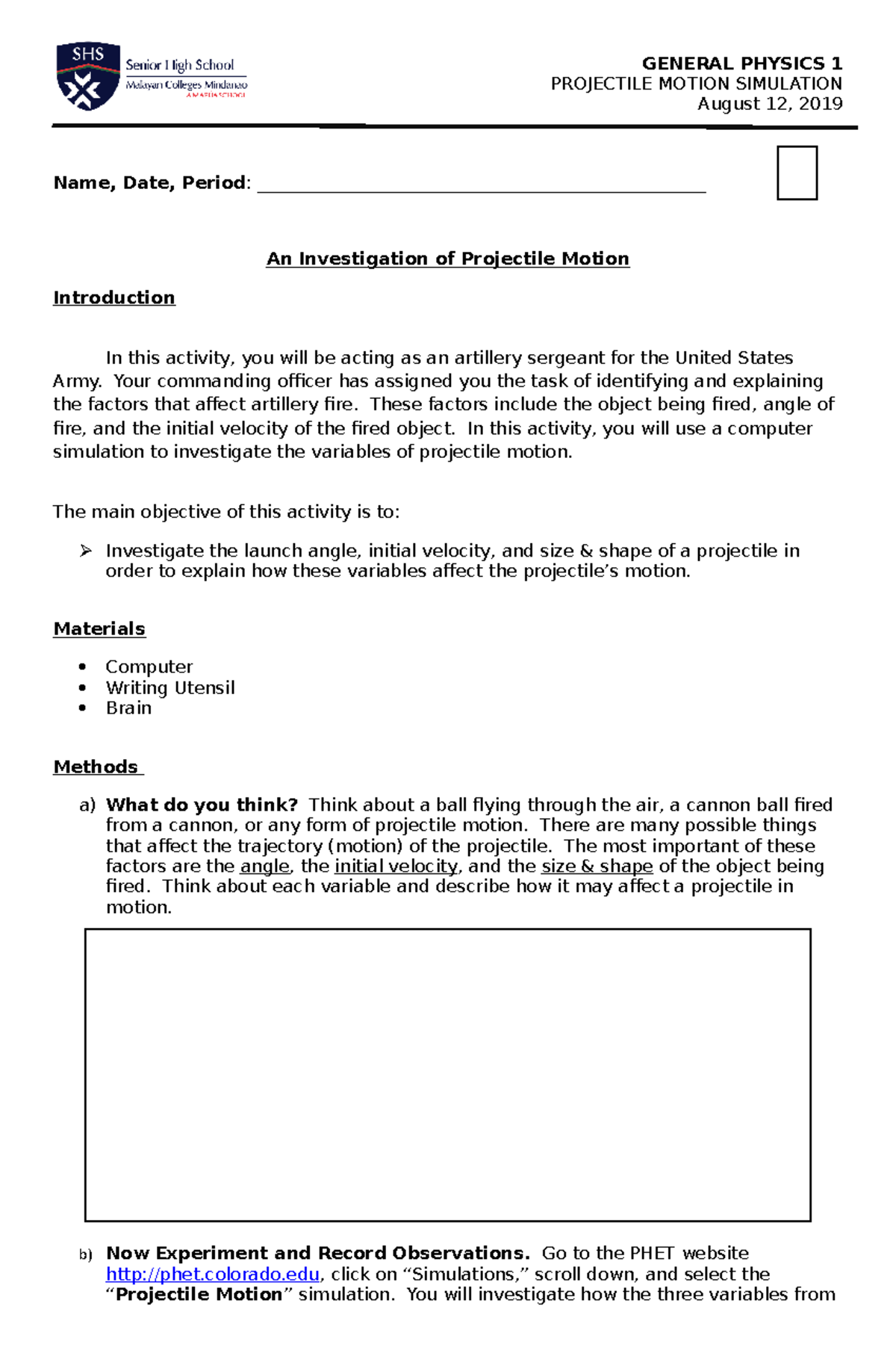 PHET Simulation Guide Questions - GENERAL PHYSICS 1 PROJECTILE MOTION ...