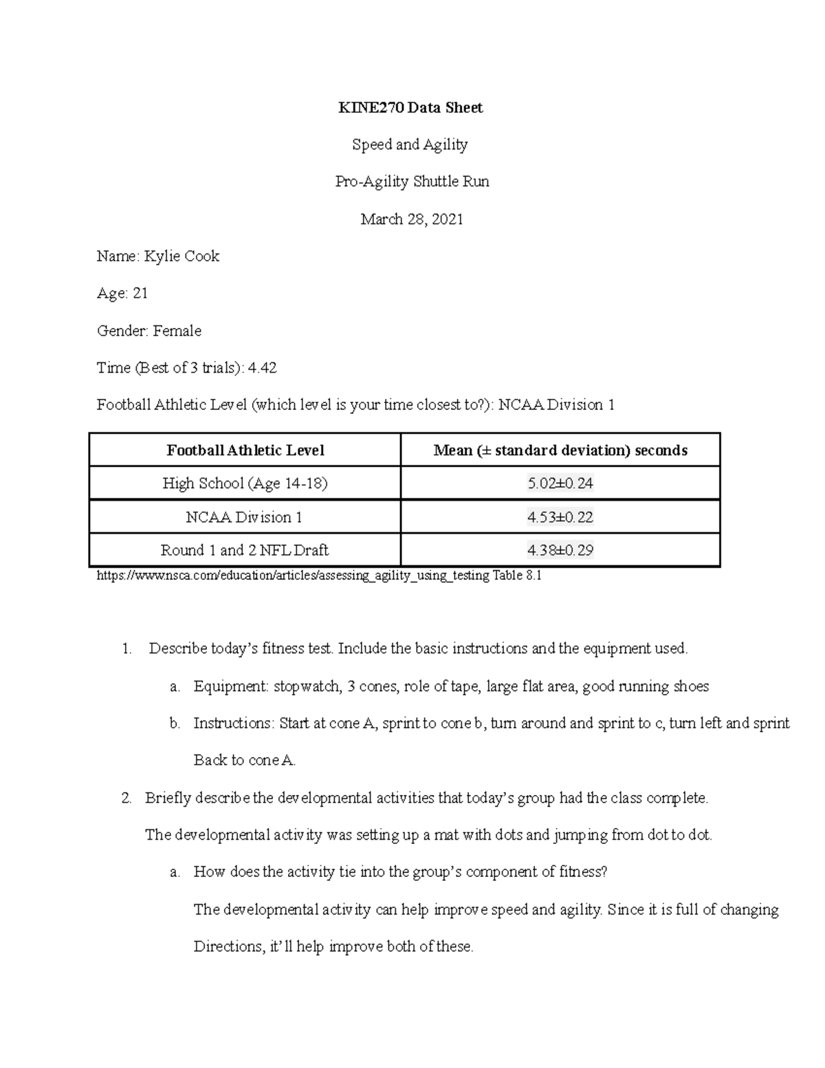 Pro-Agility Shuttle Run Data Sheet - KINE270 Data Sheet Speed and ...