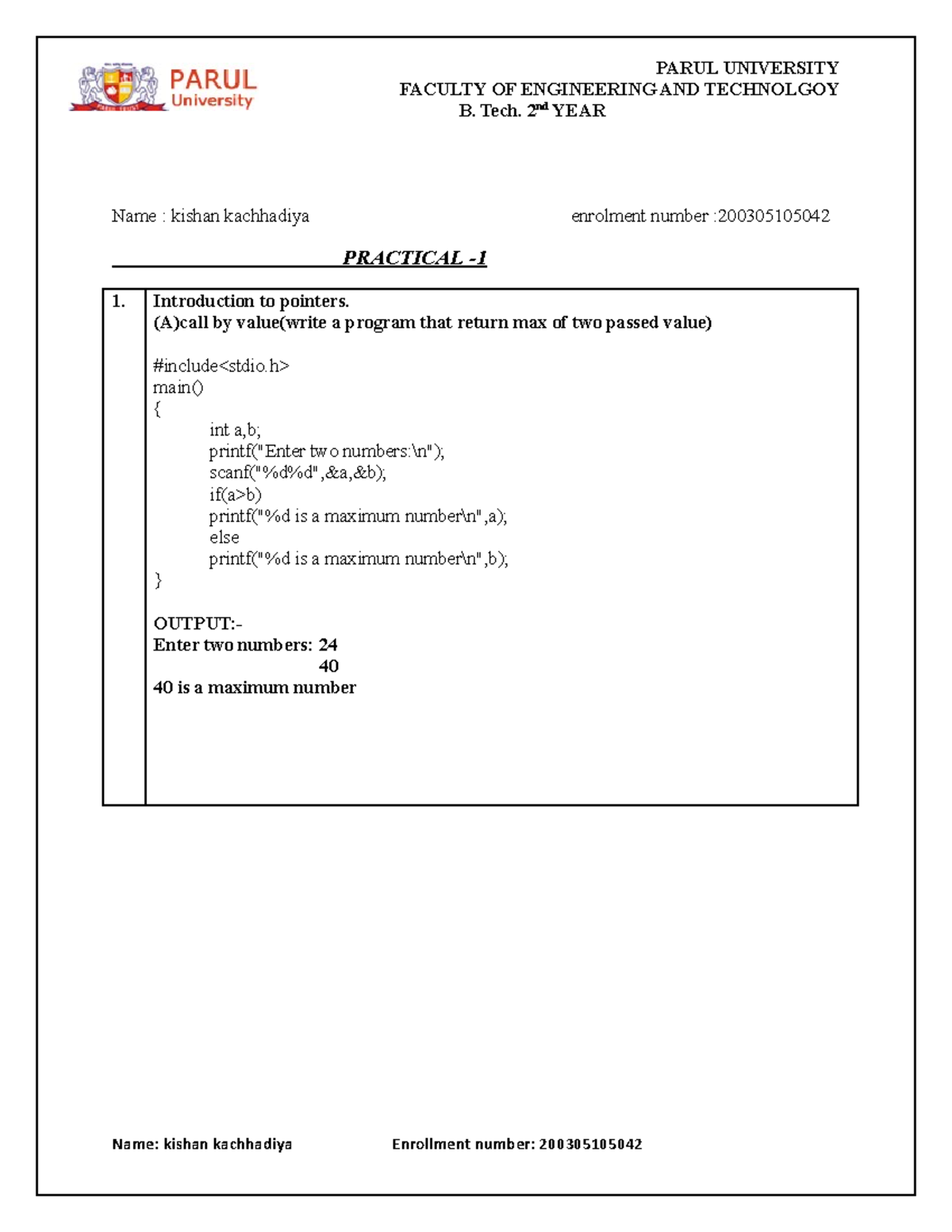 2003 05105042 kishan kachhadiya set-01 - PARUL UNIVERSITY FACULTY OF ENGINEERING AND TECHNOLGOY ...