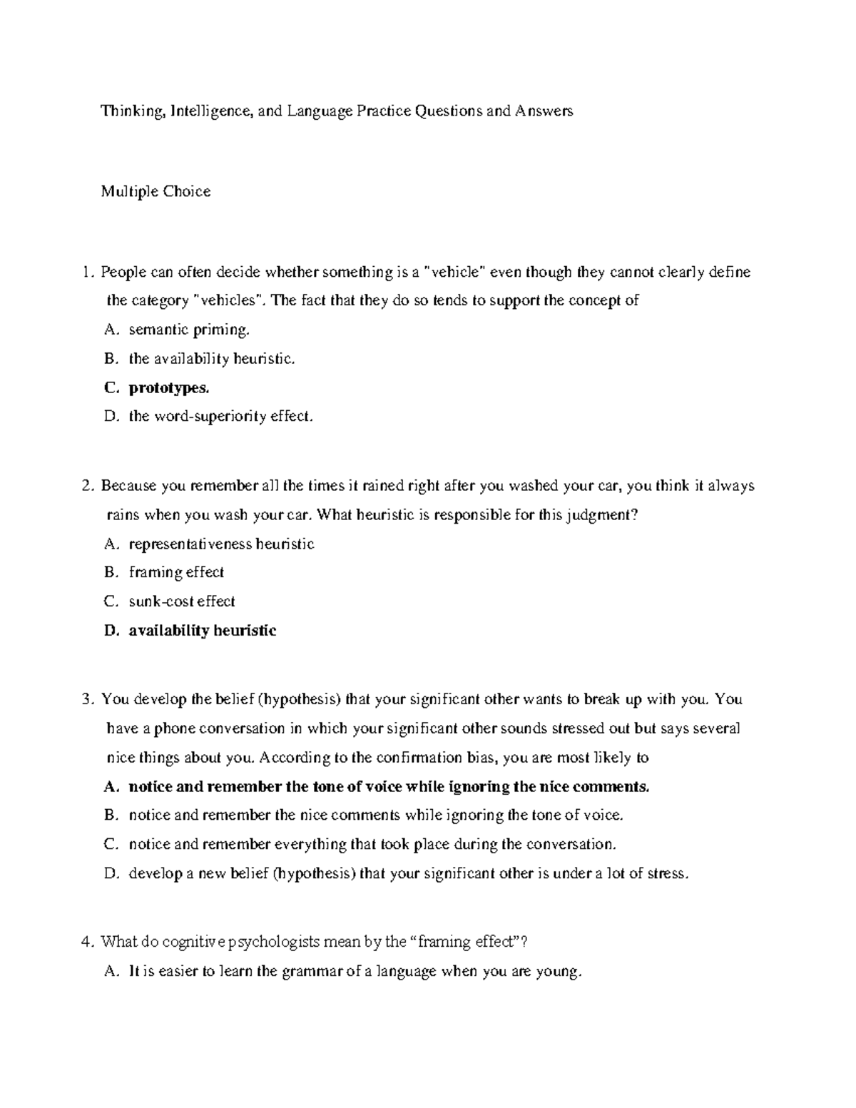 Thinking, Intelligence, and Language Practice Questions and Answers ...