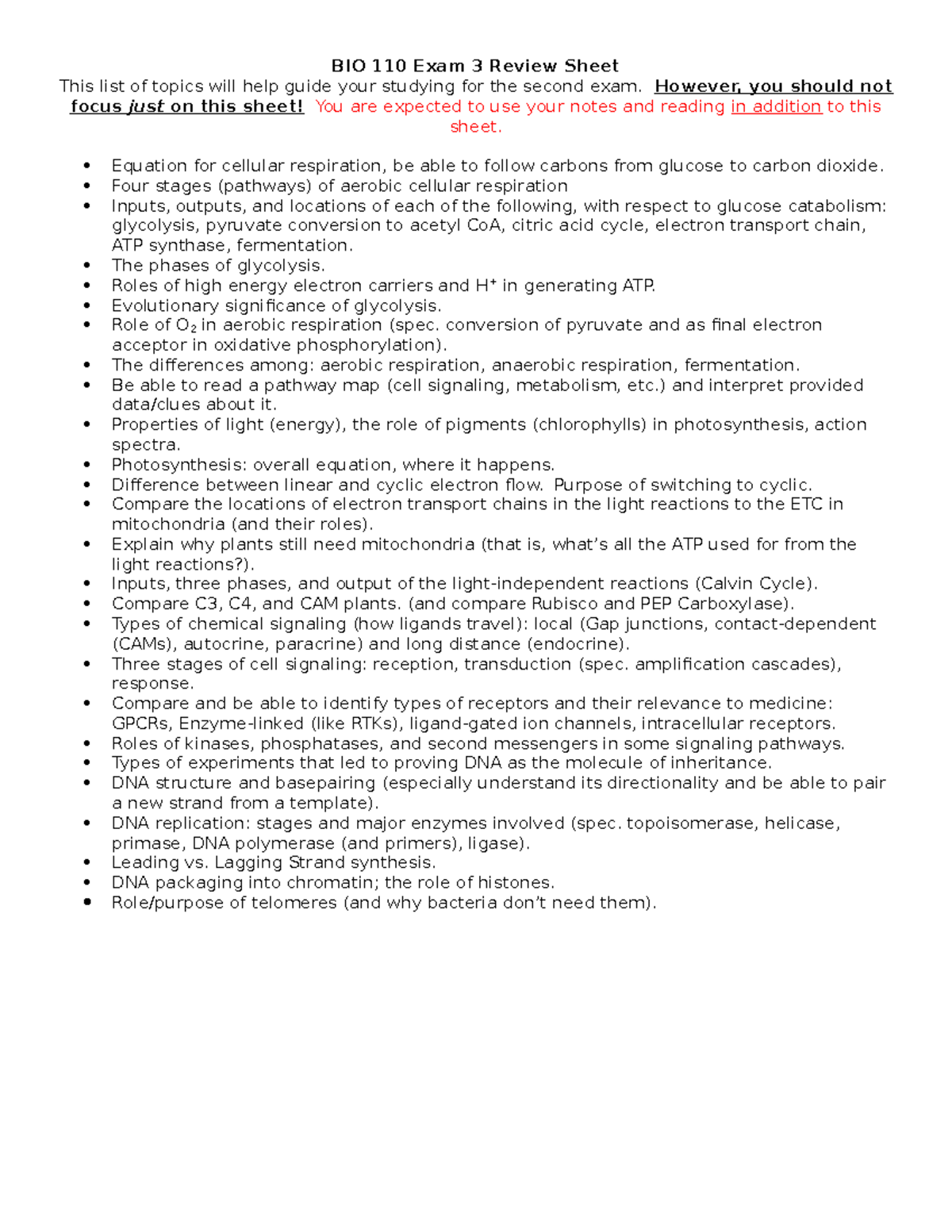 BIO 110 Exam 3 Review Topics - BIO 110 Exam 3 Review Sheet This list of ...