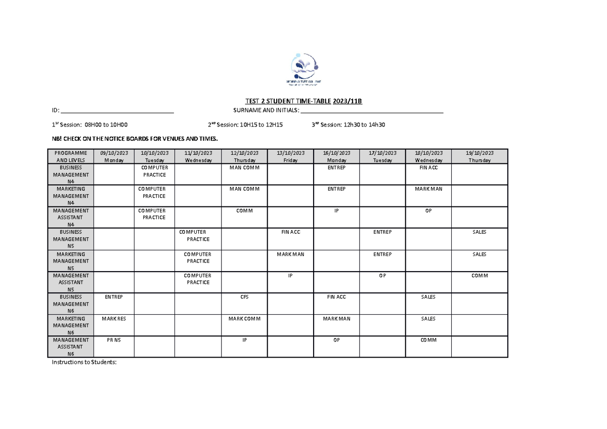 TEST 2 Student TIME(2023-11B) - TEST 2 STUDENT TIME-TABLE 2023/11B ID ...