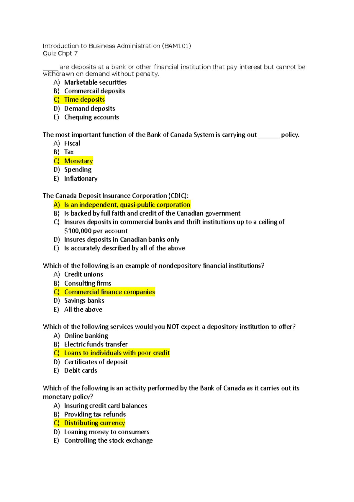Introduction to Business Administration (BAM101) Quiz Chpt 7 - A ...