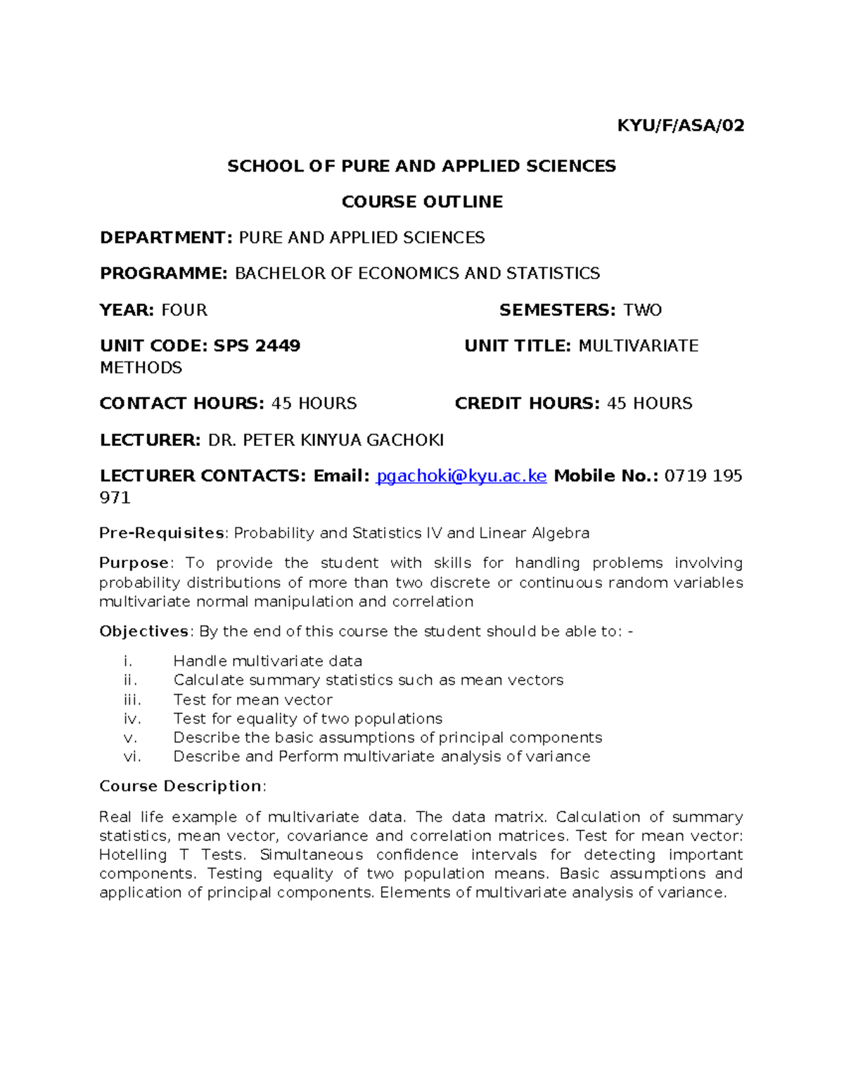 SPS 2449 Multivariate Methods Course Outline - KYU/F/ASA/ SCHOOL OF ...
