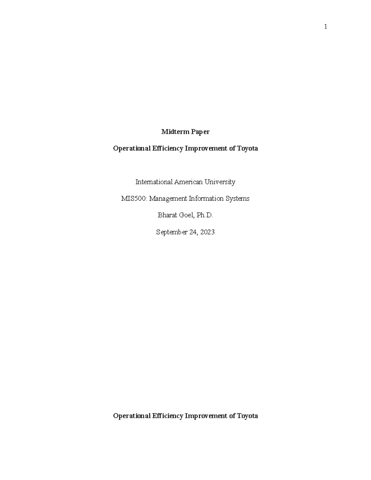 Assignments Midterm Paper-Wk4 - Part 1 - Midterm Paper Operational Efficiency Improvement of ...