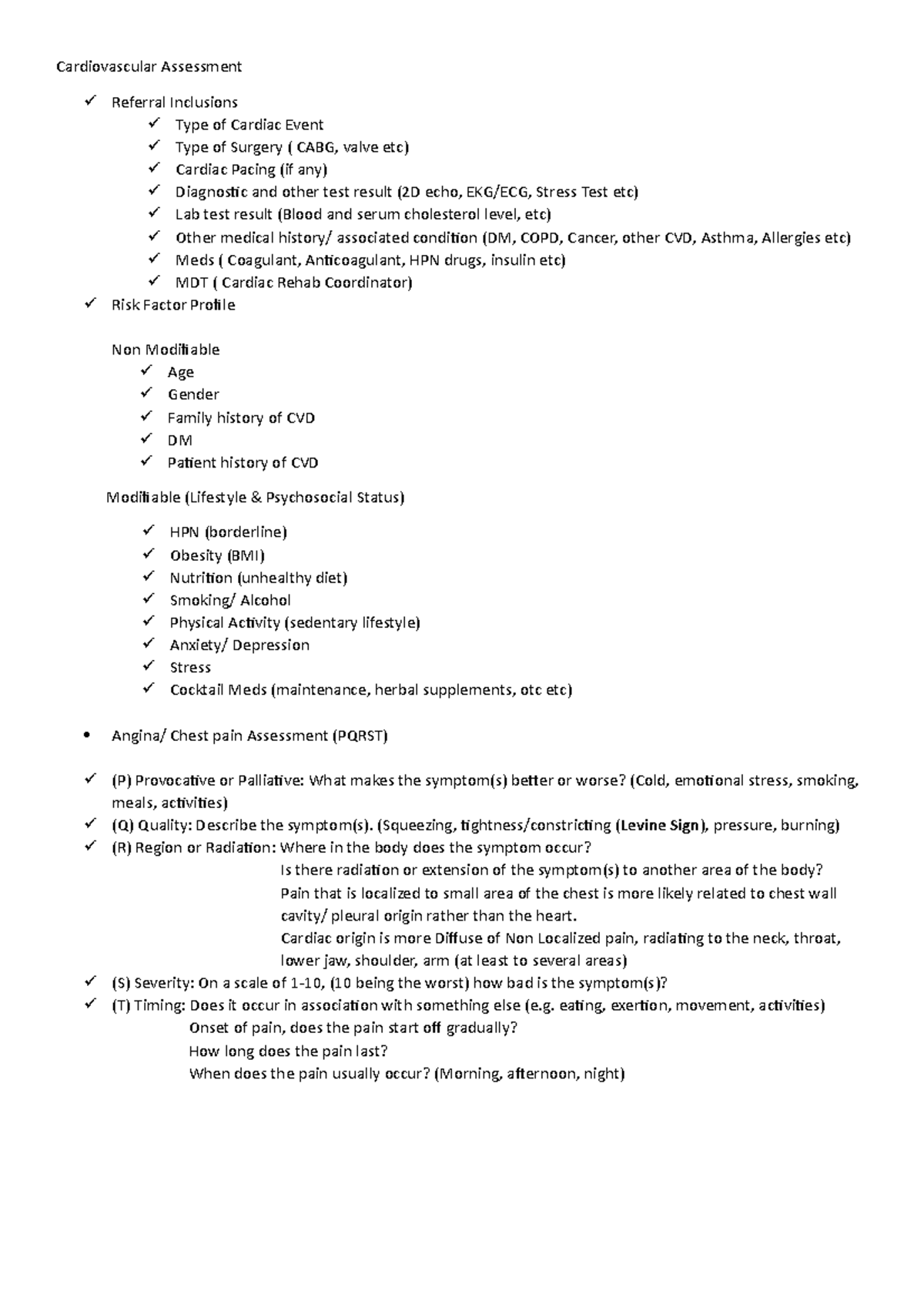 Cardiac Assesment Cardiovascular Assessment Referral Inclusions Type