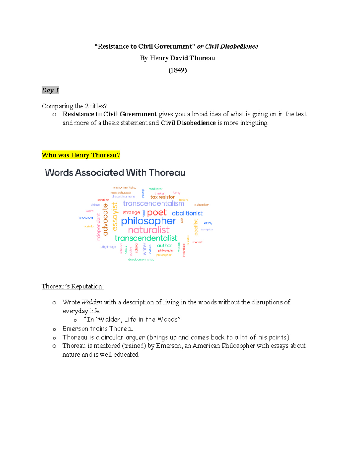 Module 3 Notes - “Resistance to Civil Government” or Civil Disobedience ...
