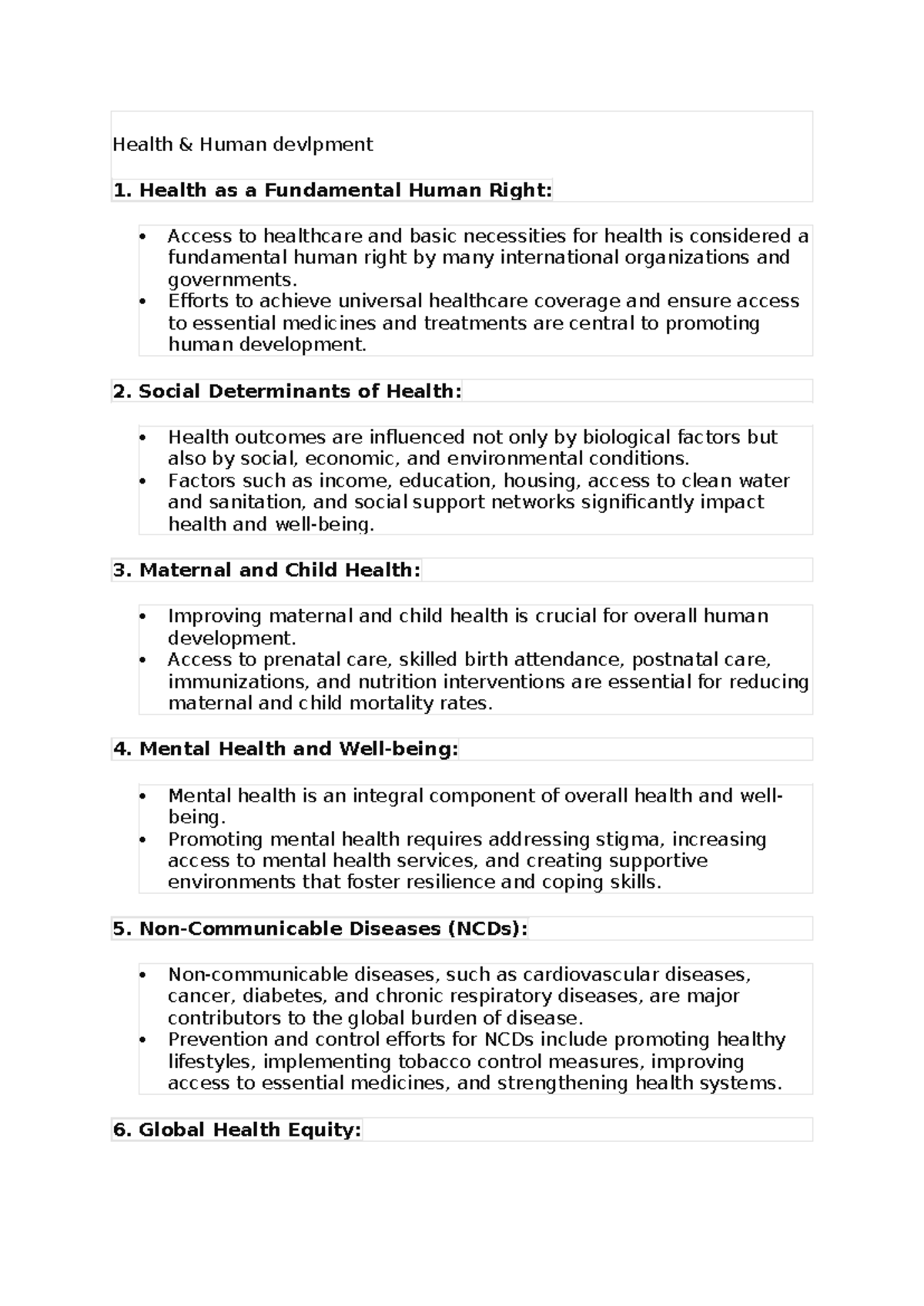 HHD Notes - Health & Human devlpment 1. Health as a Fundamental Human ...