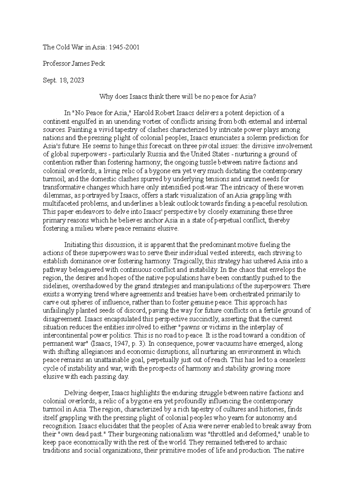 Response Paper 1 - The Cold War in Asia 1945-2001 - The Cold War in ...