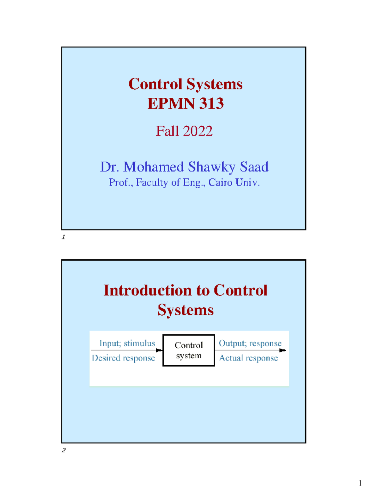 1 Introduction to Control systems - Control Systems EPMN 313 Fall 2022 ...