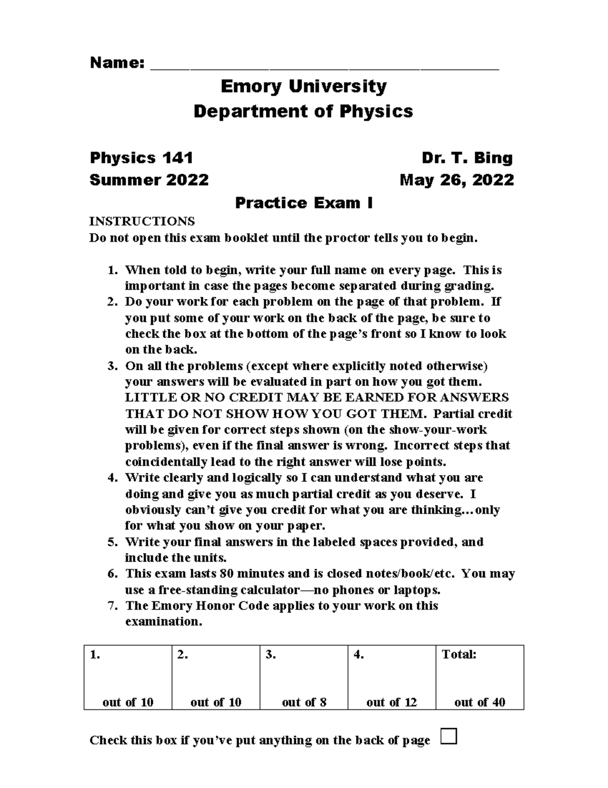 Phys 141 Exam1Practice - Emory University Department of Physics Physics ...