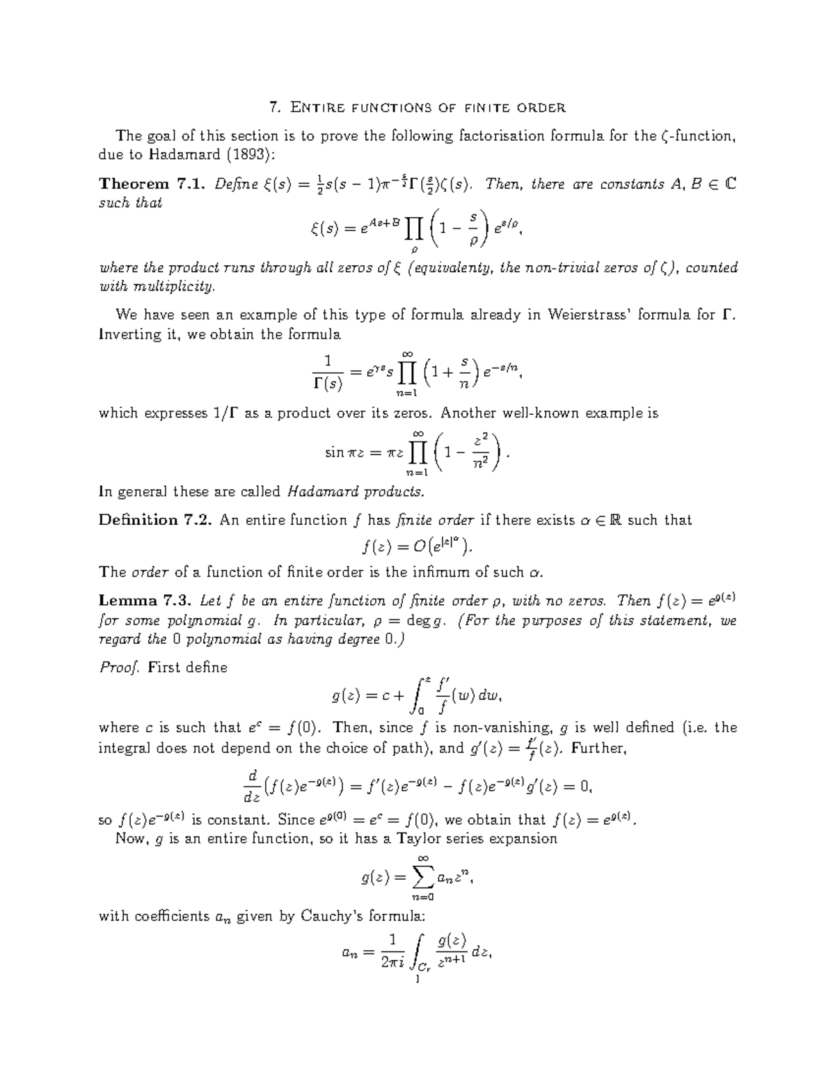 Mathm0007 2016 2017 Lecture 7 Entire Functions Of Finite Order 7 Entire Functions Of Finite