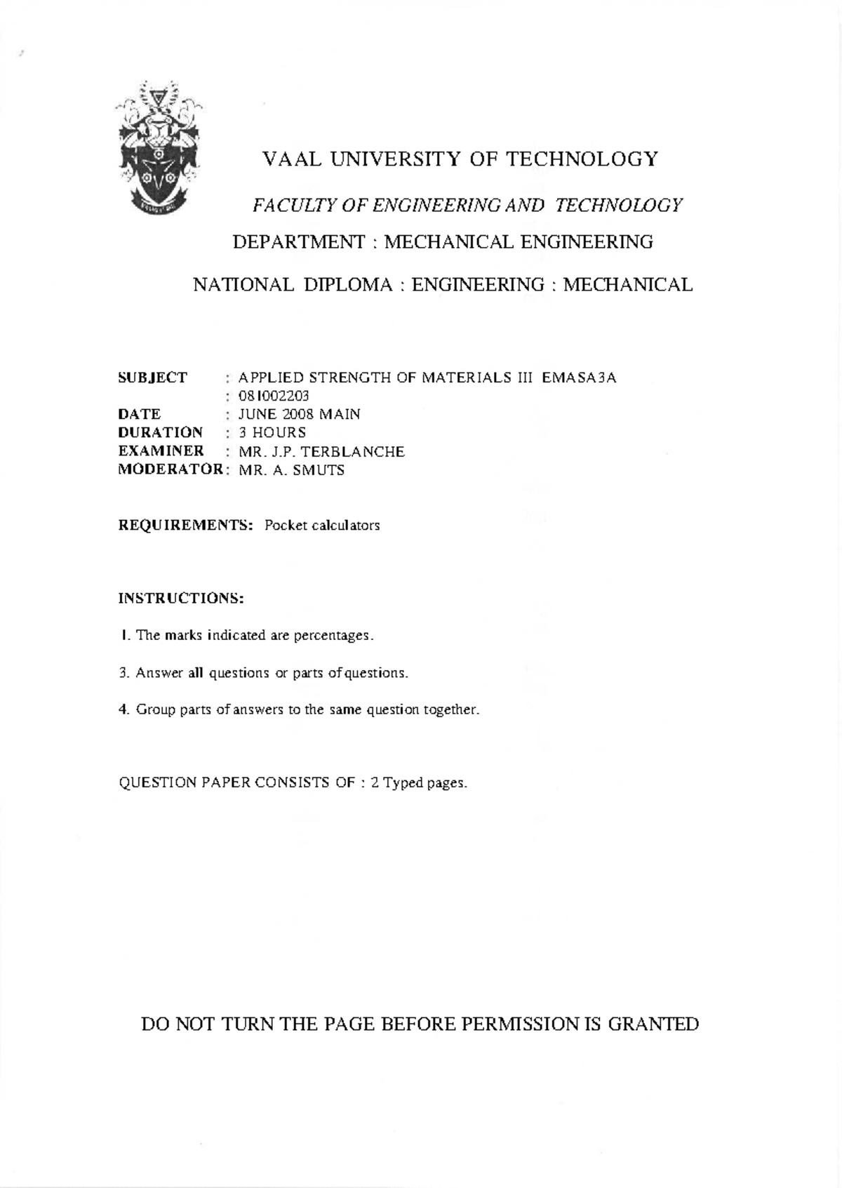 Applied strength 3 question paper - VAAL UNIVERSITY OF TECHNOLOGY ...