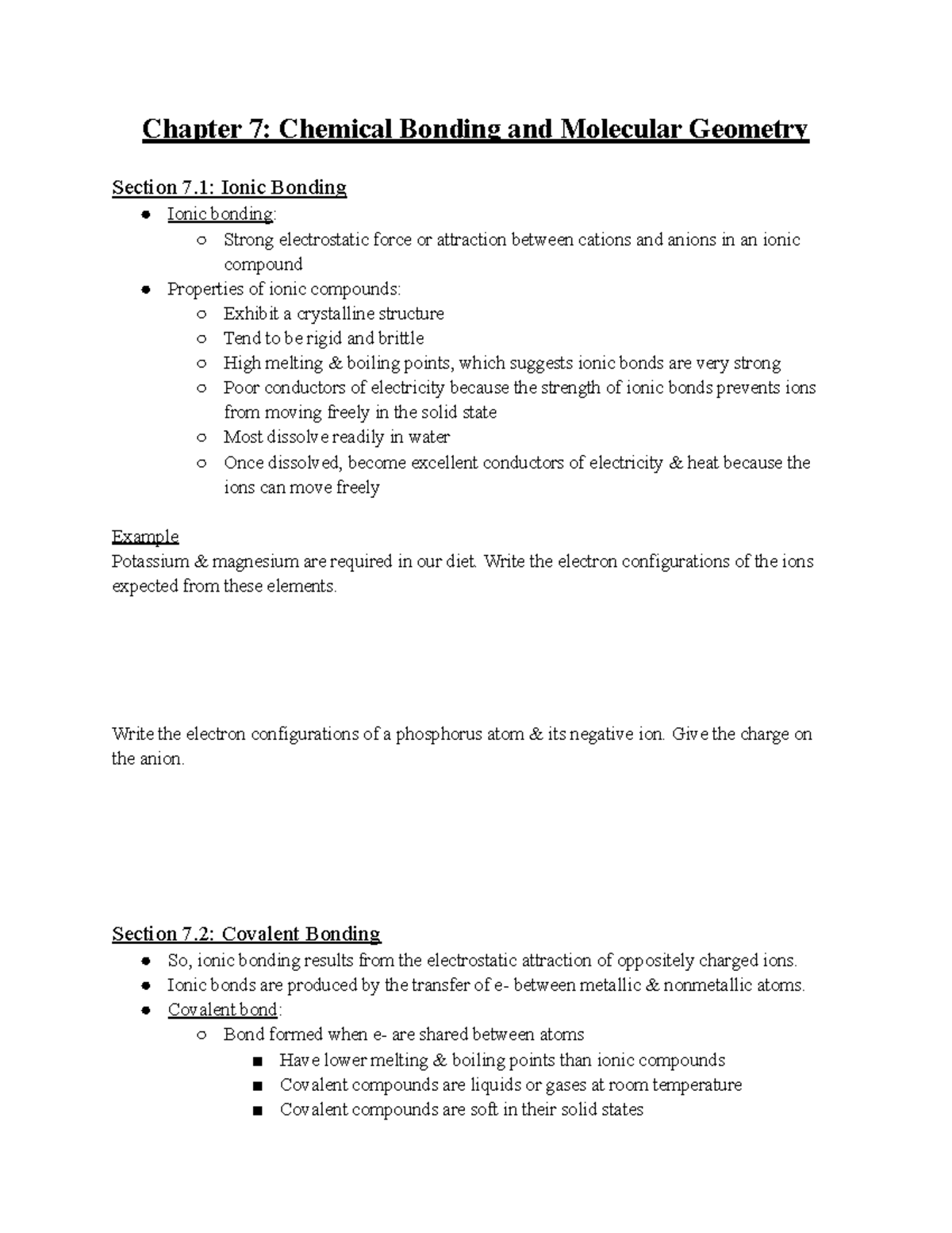 Chapter 7 Notes - Prof. Salem - Chapter 7: Chemical Bonding and ...