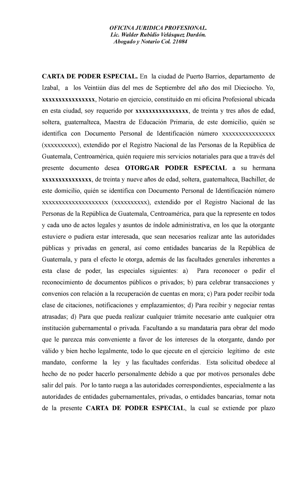 Carta Poder General - OFICINA JURIDICA PROFESIONAL. Lic. Walder Rubidio ...