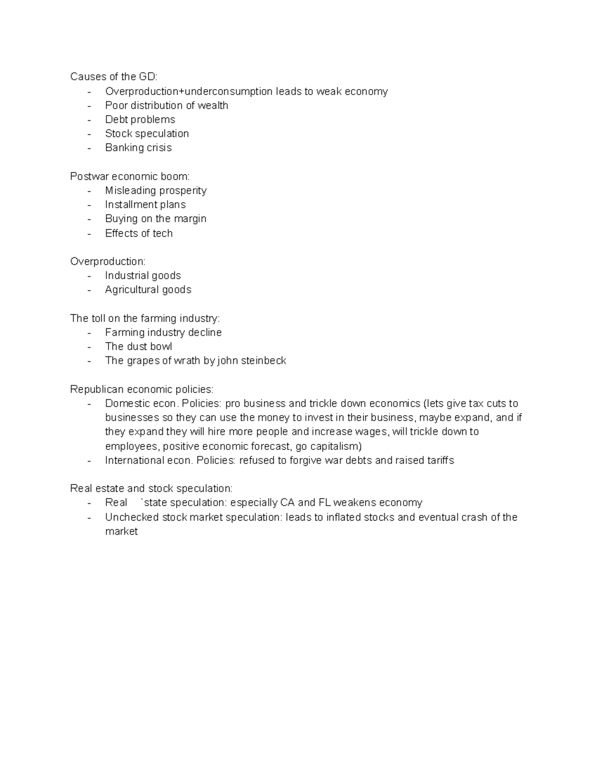 Great depression notes - Causes of the GD: - Overproduction ...