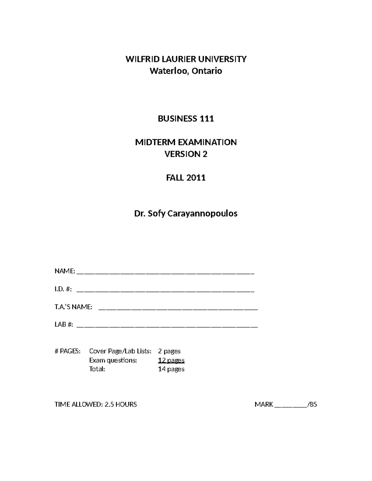 Bu111 mock midterm 1 - WILFRID LAURIER UNIVERSITY Waterloo, Ontario ...