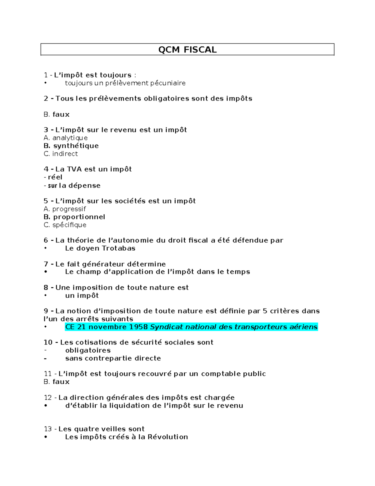 QCM Fiscal corrigé - qcm dt fisc - QCM FISCAL 1 - L’impôt est toujours : toujours un prélèvement ...
