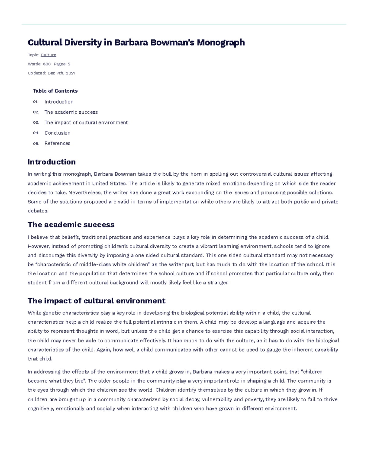Cultural Diversity in Barbara Bowman's Monograph Free Essay Example ...
