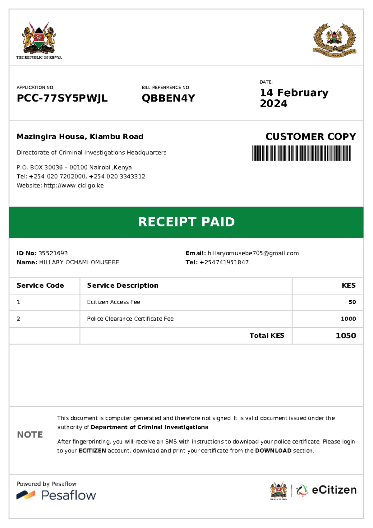 PCC-77SY5PWJL-DCI Receipt - APPLICATION NO: PCC-77SY5PWJL BILL ...