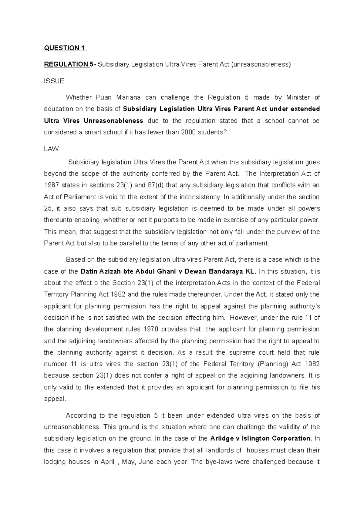 LAW Tutorial Question 1 - QUESTION 1 REGULATION 5- Subsidiary ...