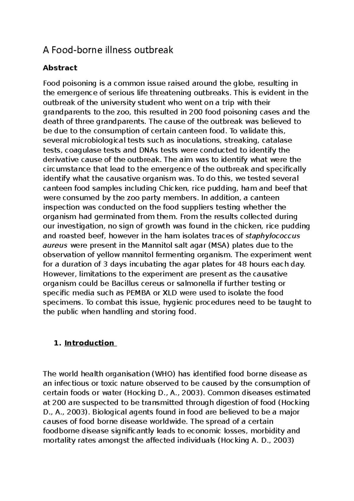 Epidemiology report- Final - A Food-borne illness outbreak Abstract ...
