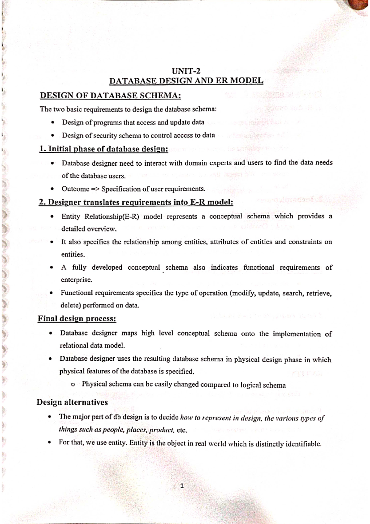 DBMS Unit 2 notes - DATABASE DESIGN AND ER MODEL DESIGN OF DATABASE ...