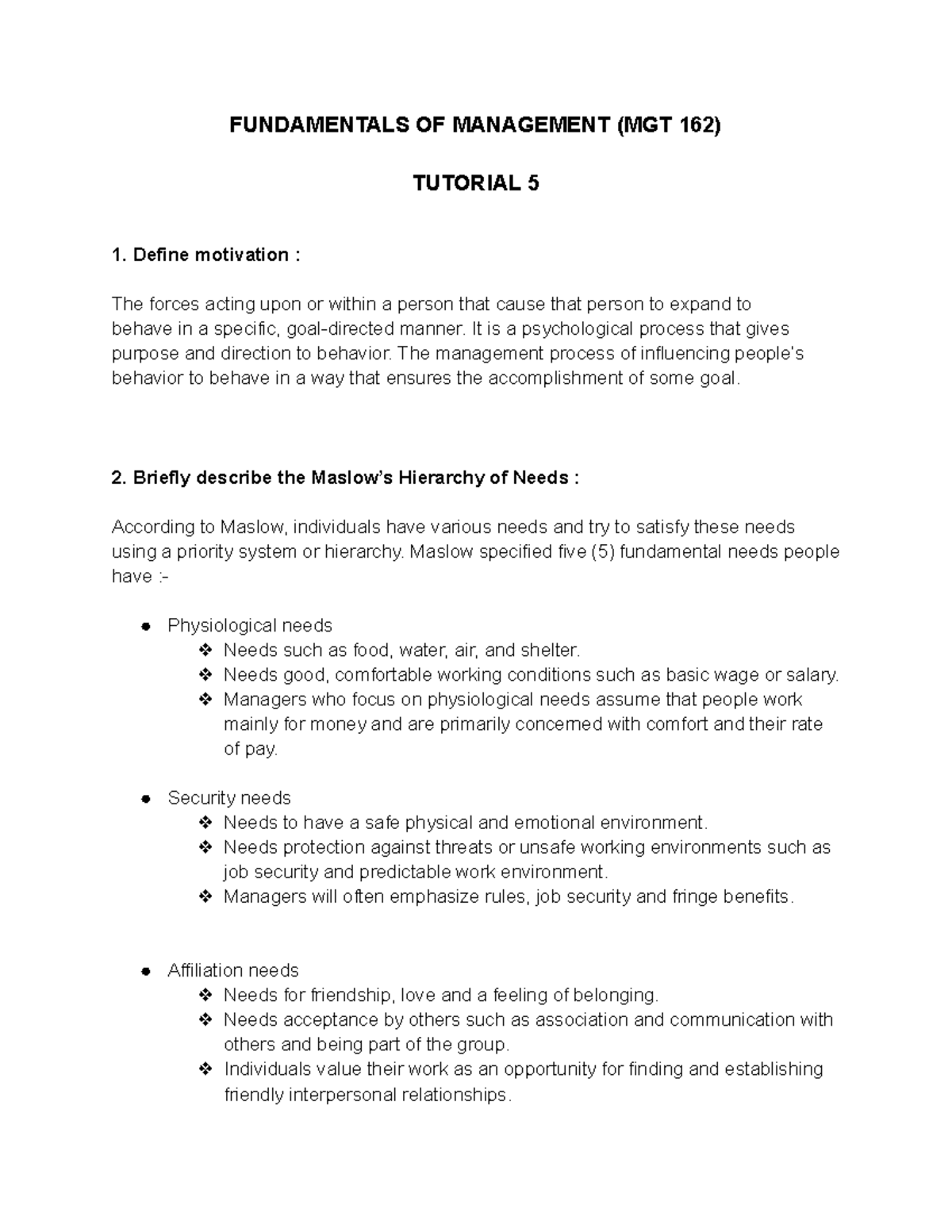 Fundamentals OF Management (MGT 162) Tutorial 5 - FUNDAMENTALS OF MANAGEMENT (MGT 162) TUTORIAL ...