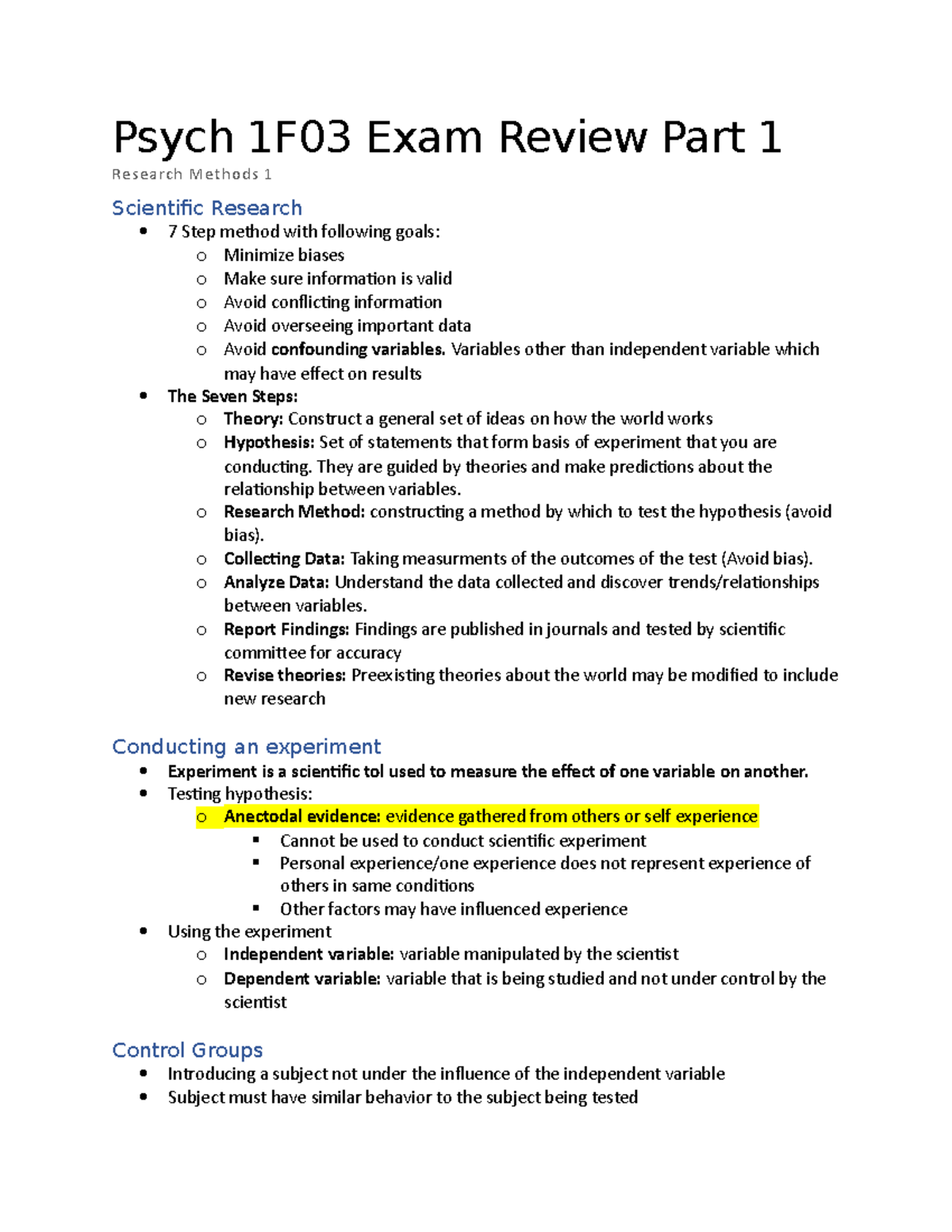 Sample/practice exam - Psych 1F03 Exam Review Part 1 Research Methods 1 ...