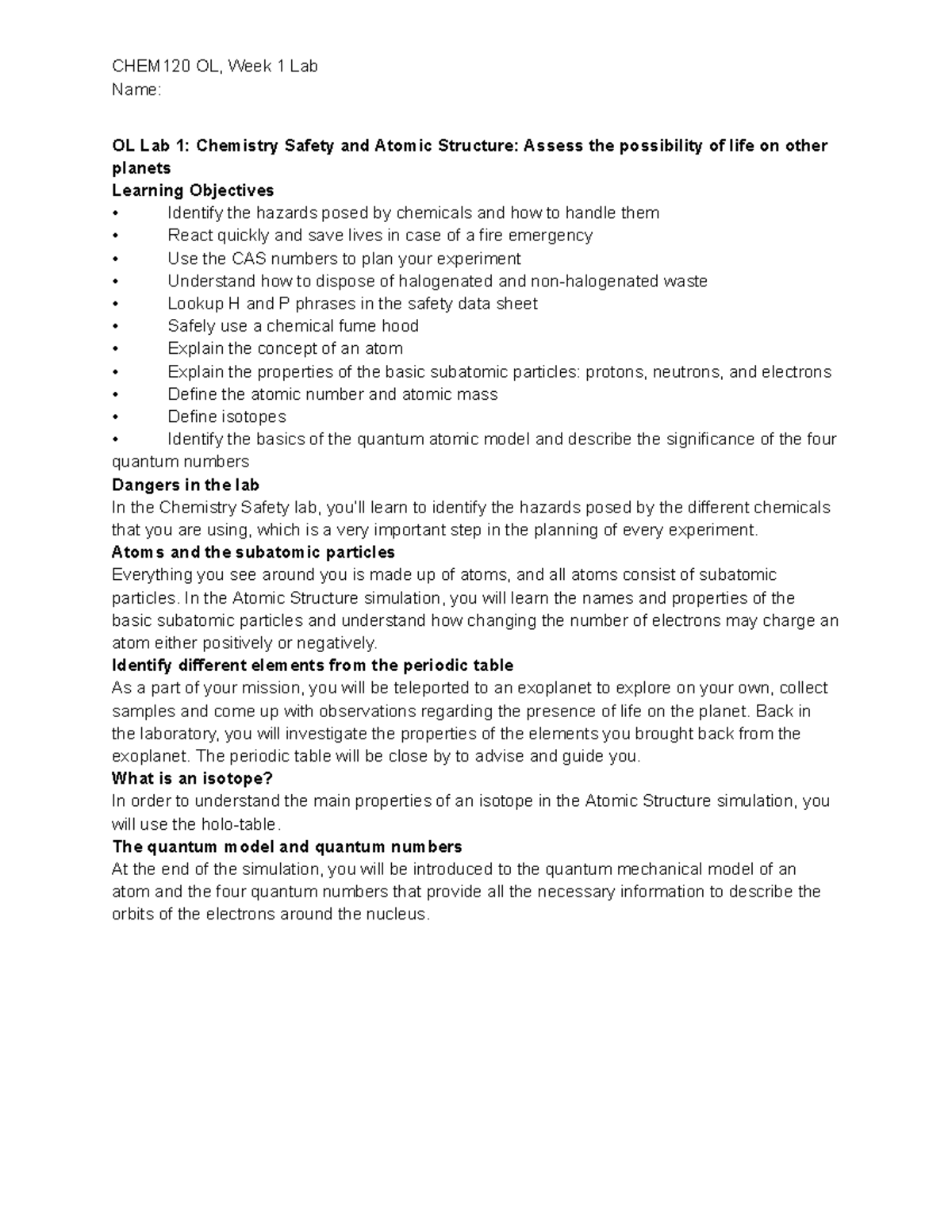Chem120 Week 1 Lab Report 1 Chem120 Ol Week 1 Lab Name Ol Lab 1 Chemistry Safety And 