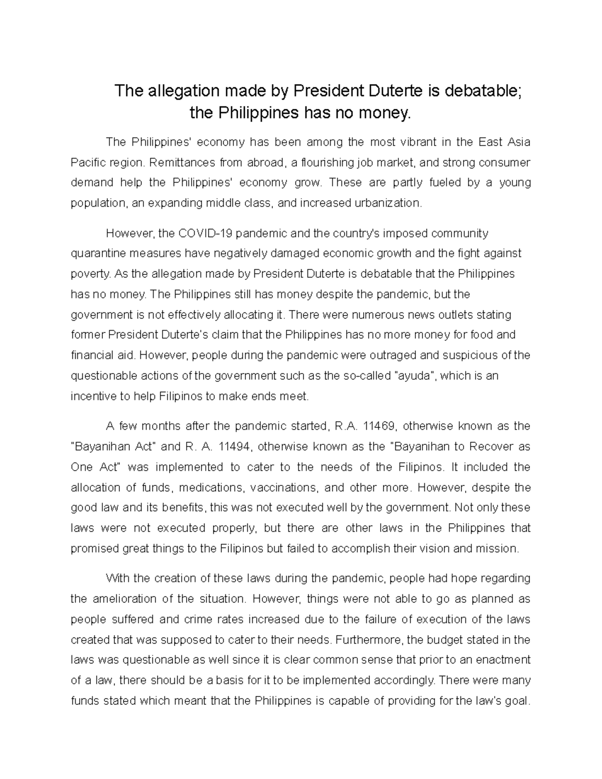 Position Paper Quizona-BSBM 1G - The allegation made by President ...