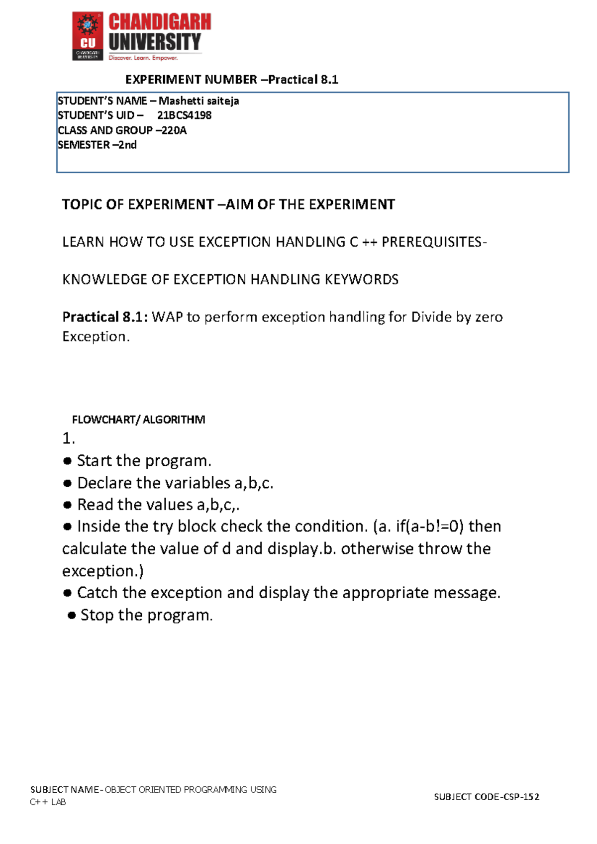 Worksheet For Practical 8 Subject Name Object Oriented Programming Using Subject Code Csp