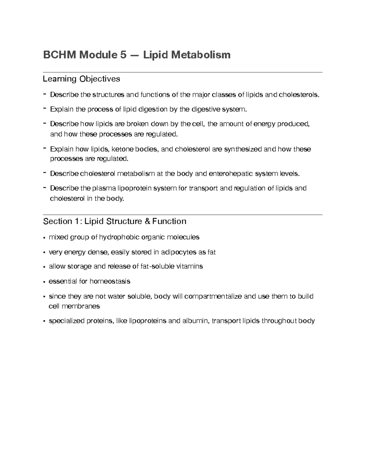 BCHM module 5 notes - BCHM Module 5 — Lipid Metabolism Learning ...