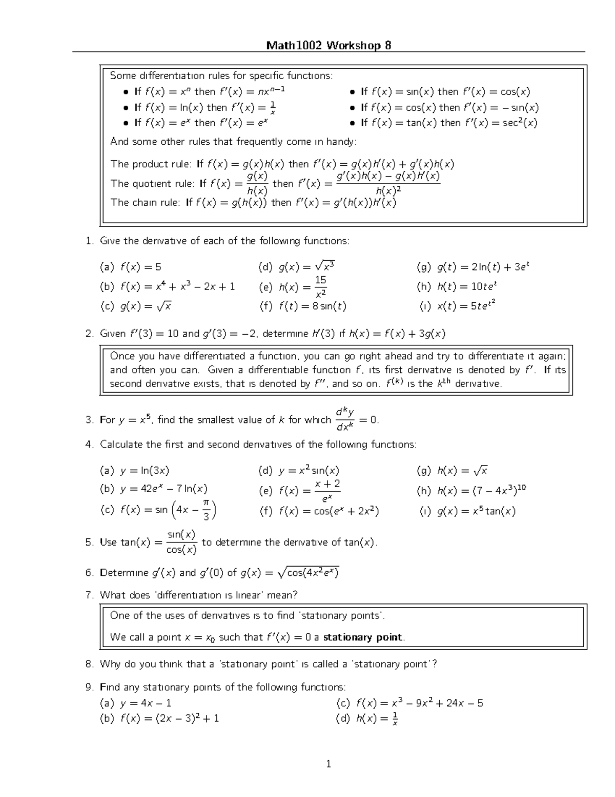 MATH1002 W10 WS Q - sdds - Math1002 Workshop 8 Some differentiation rules for specific functions ...