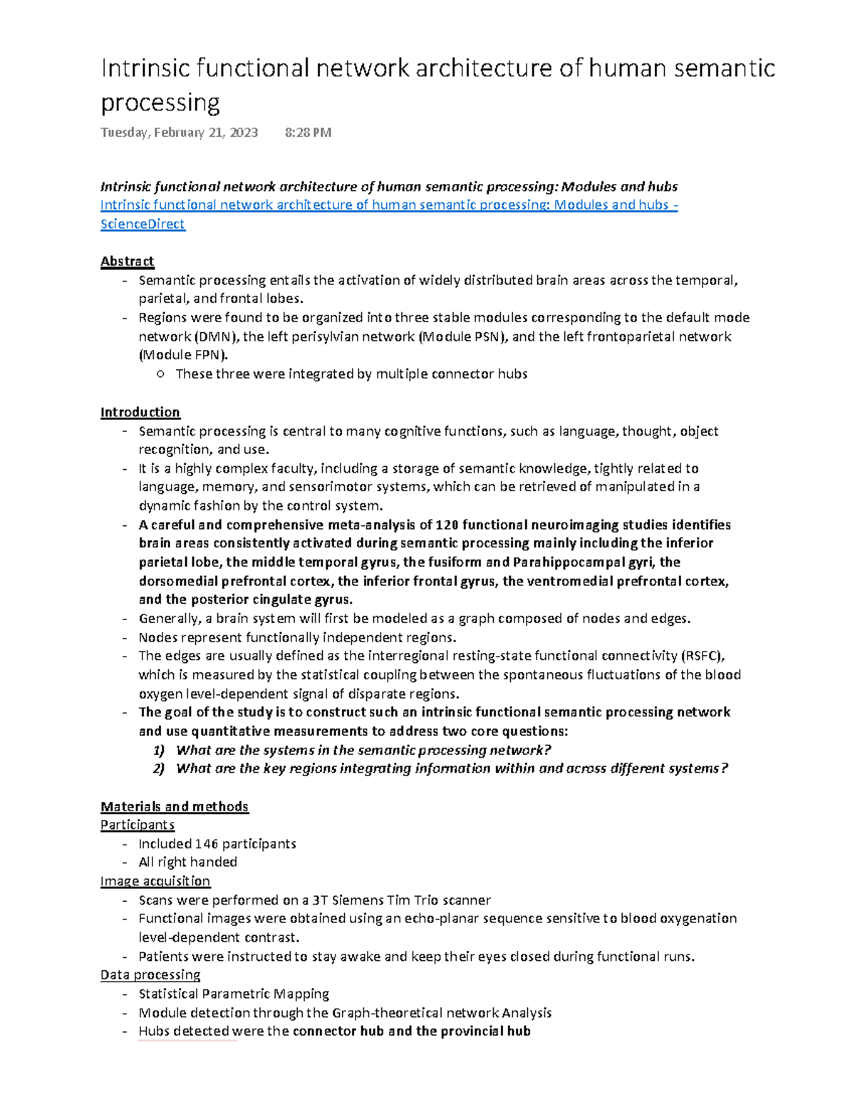 Intrinsic Functional Network Achritechture of Human Semantic Processing - Intrinsic functional ...