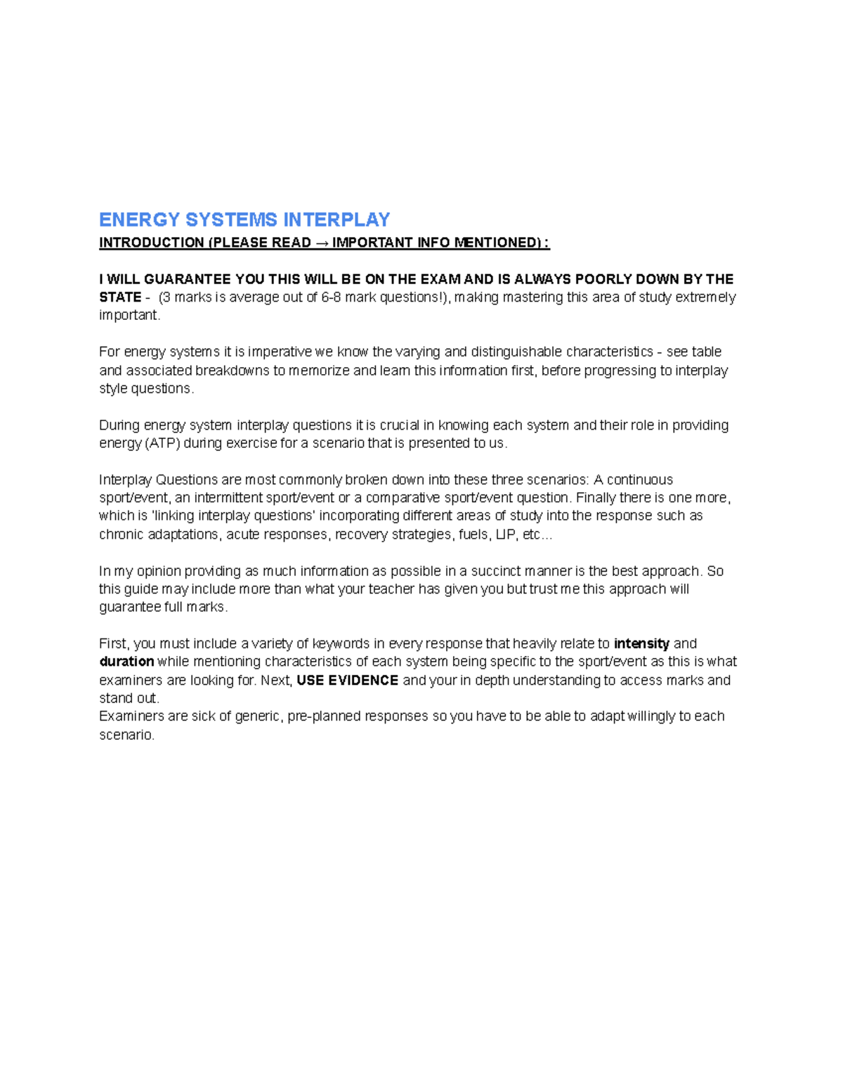 Energy Systems Interplay - ENERGY SYSTEMS INTERPLAY INTRODUCTION (PLEASE READ → IMPORTANT INFO ...