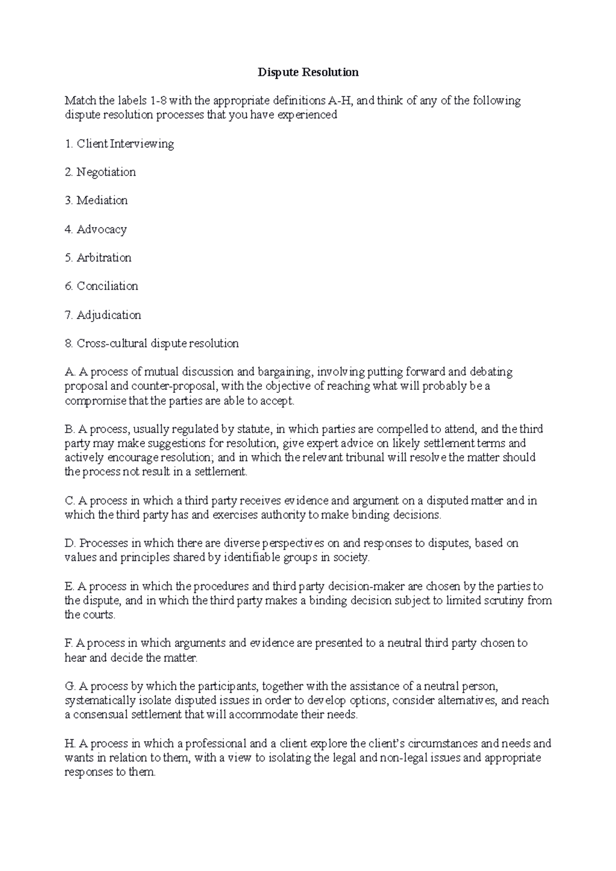 DRMatching - Dispute Resolution Match the labels 1-8 with the ...