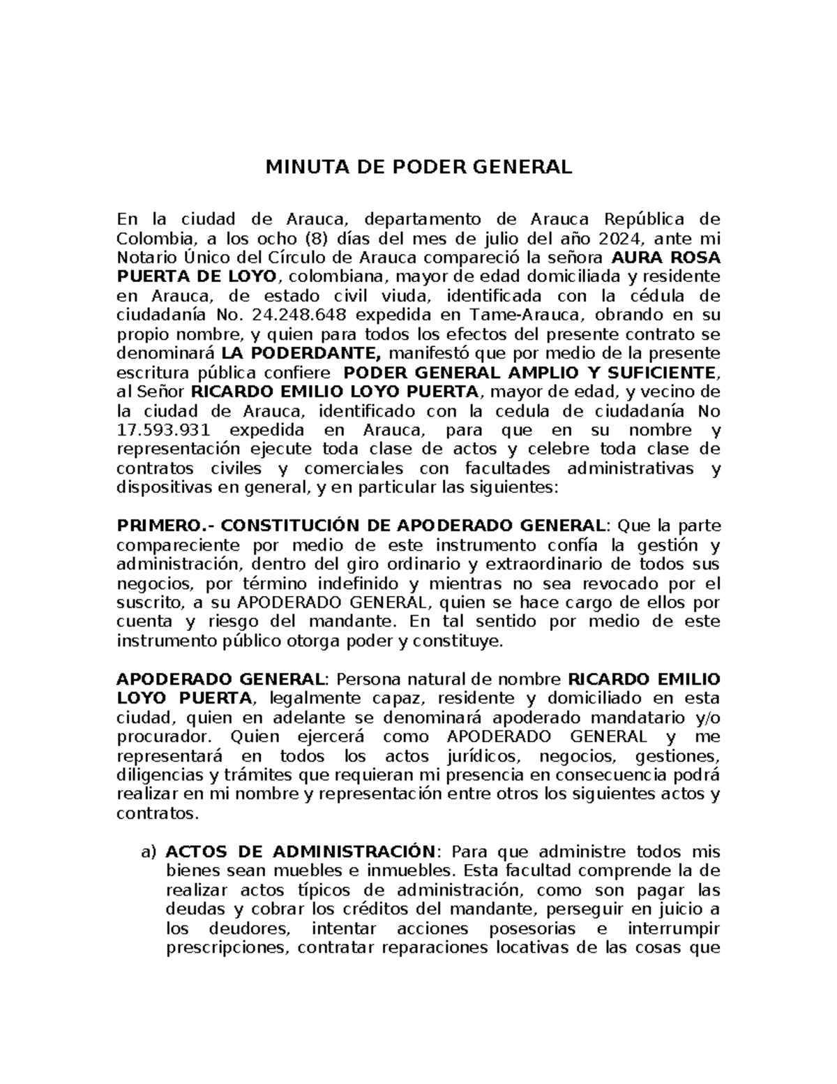 Minuta DE Poder General - MINUTA DE PODER GENERAL En la ciudad de ...