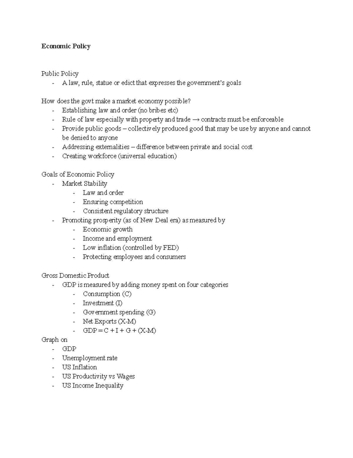 Economic Policy Notes - Dr. Faricy - Economic Policy Public Policy - A ...