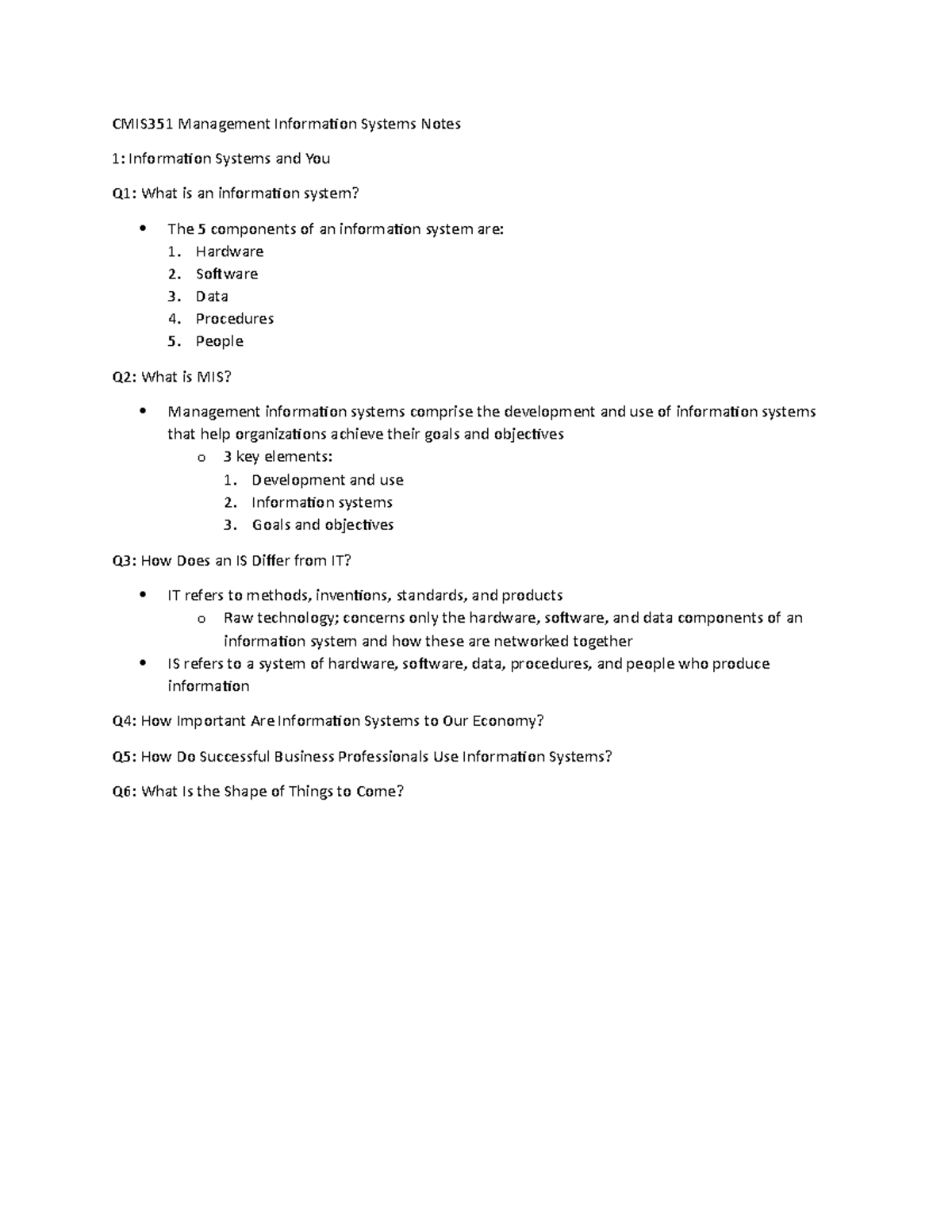 CMIS351 Midterm Notes - CMIS351 Management Information Systems Notes 1 ...