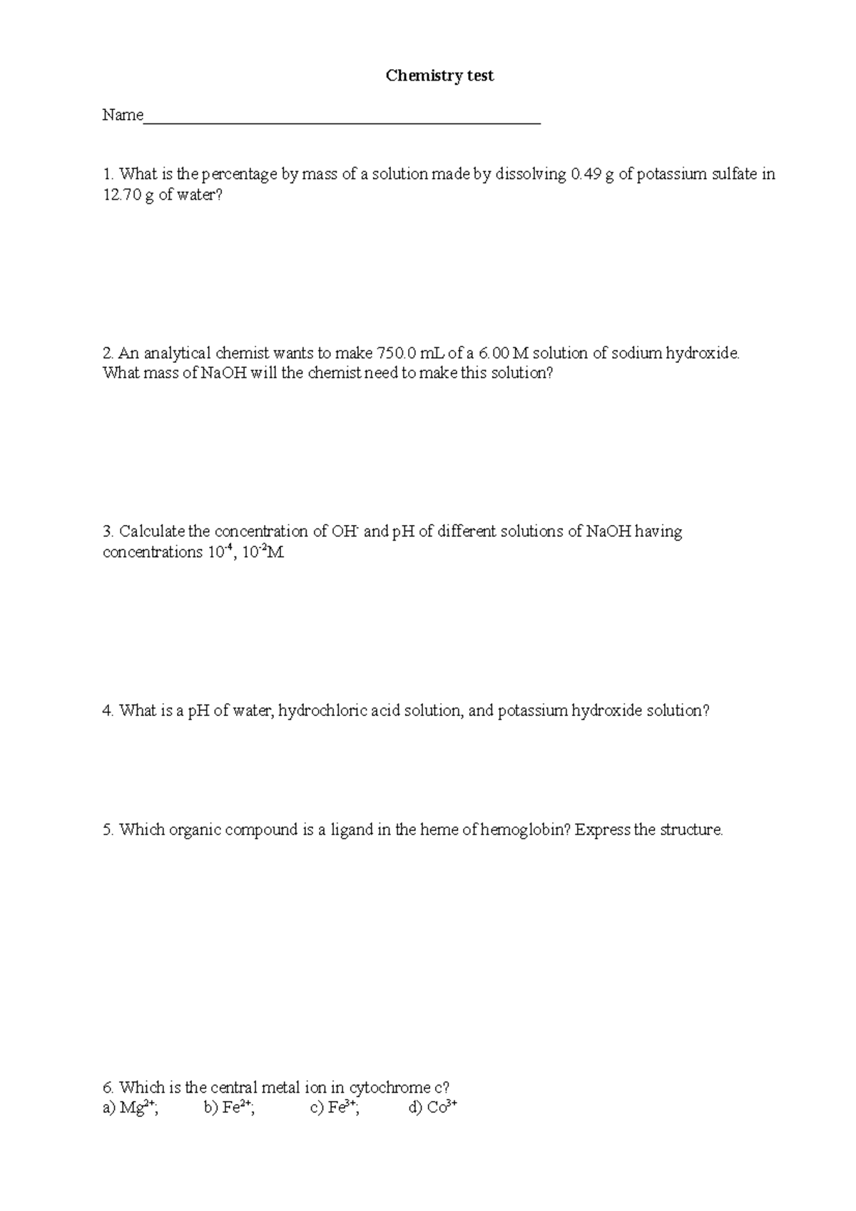 Chemistry exam paper 6 - Chemistry test Name