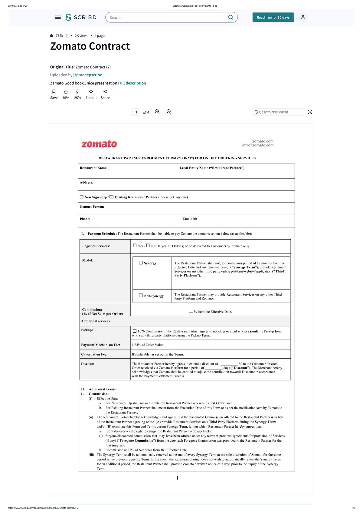 Zomato Contract PDF Payments Fee - 75% (4) · 2K views · 4 pages Zomato ...