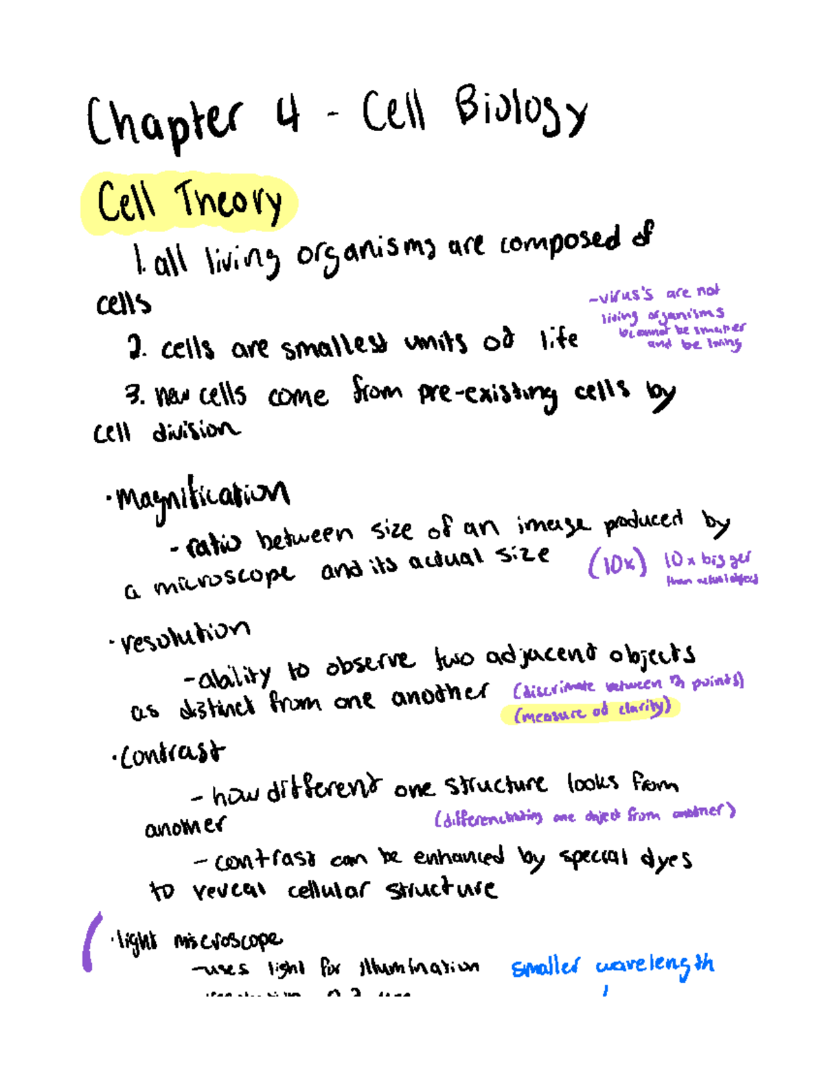 Bio chapter 4 notes - Chapter 4 Cell Biology Cell Theory 1 all living ...