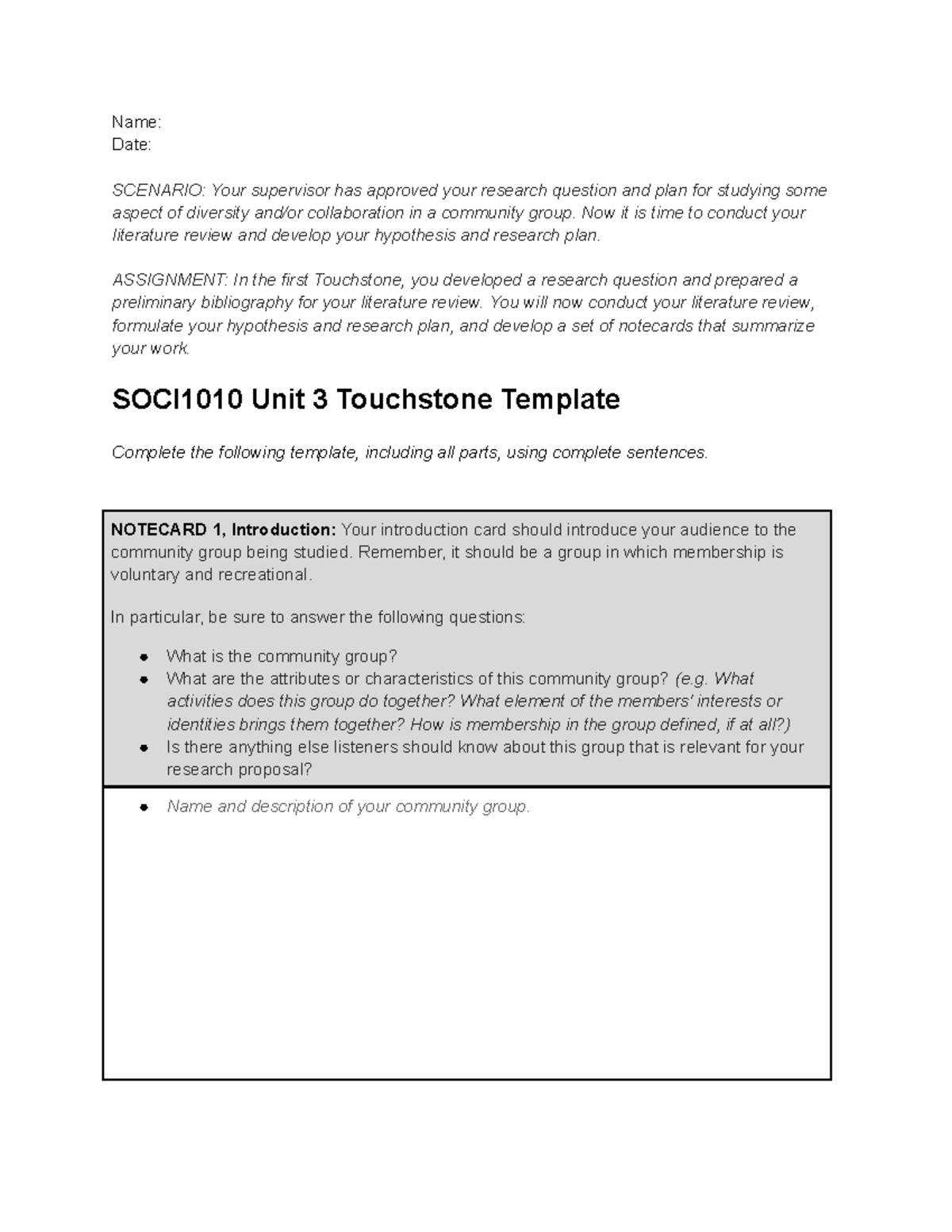 SOCI1010 Touchstone 3 Template - Name: Date: SCENARIO: Your supervisor ...